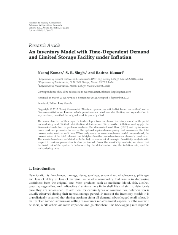 Pdf An Inventory Model With Time Dependent Demand