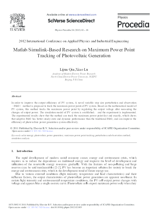 Pdf Matlab Simulink Based Research On Maximum Power Point Tracking Of Photovoltaic Generation