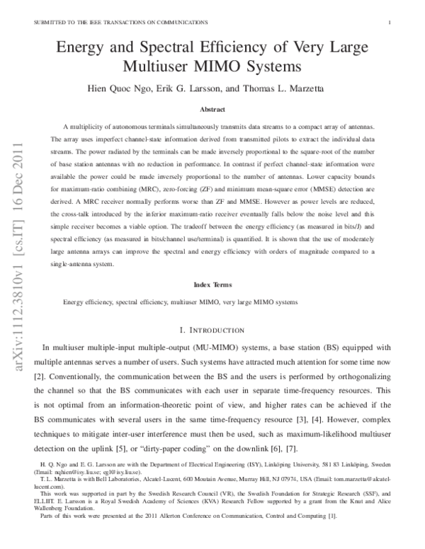 Pdf Energy And Spectral Efficiency Of Very Large Multiuser Mimo Systems