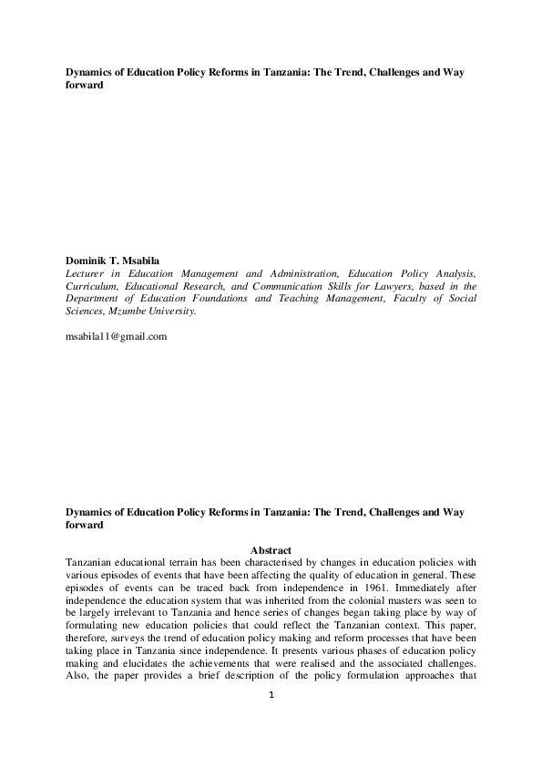 (PDF) Dynamics of Education Policy Reforms in Tanzania: The Trend ...