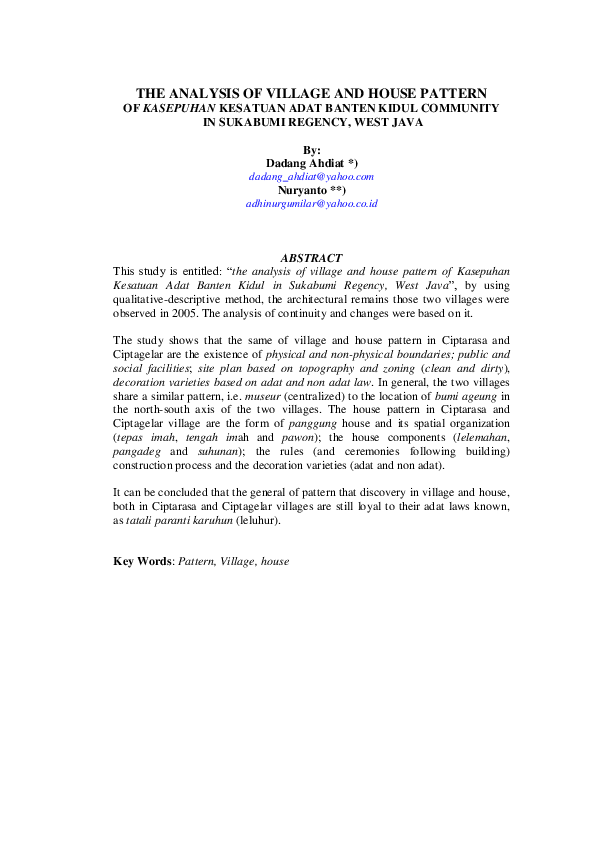 (PDF) THE ANALYSIS OF VILLAGE AND HOUSE PATTERN OF KASEPUHAN KESATUAN ...