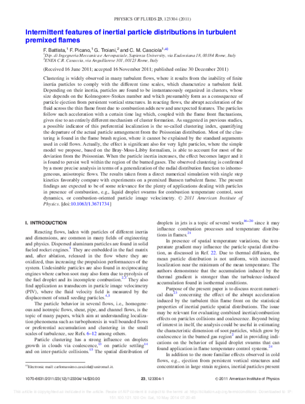 (PDF) Intermittent features of inertial particle distributions in turbulent premixed flame