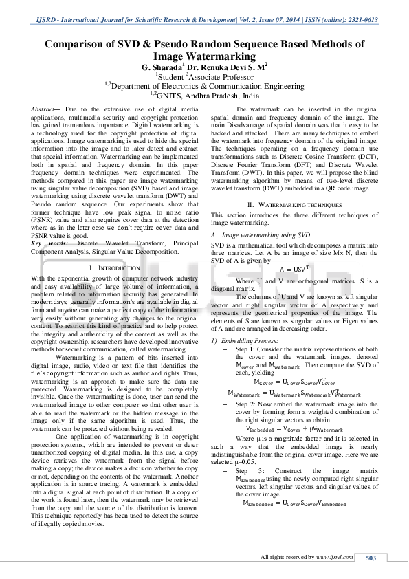 (PDF) Comparison of SVD & Pseudo Random Sequence based methods of Image Watermarking