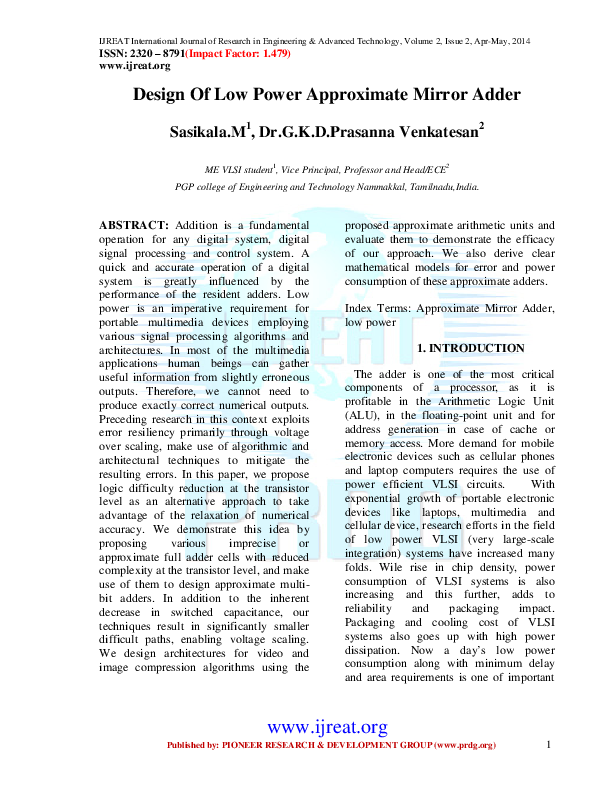 Pdf Design Of Low Power Approximate Mirror Adder