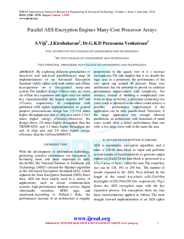 Pdf Parallel Aes Encryption Engines Many Core Processor Arrays Prasanna Venkatesan