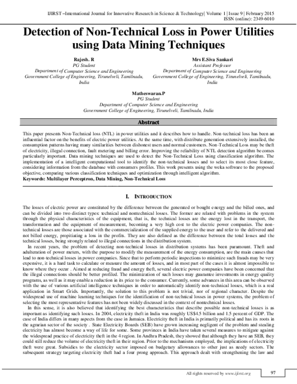 Pdf Detection Of Non Technical Loss In Power Utilities Using Data