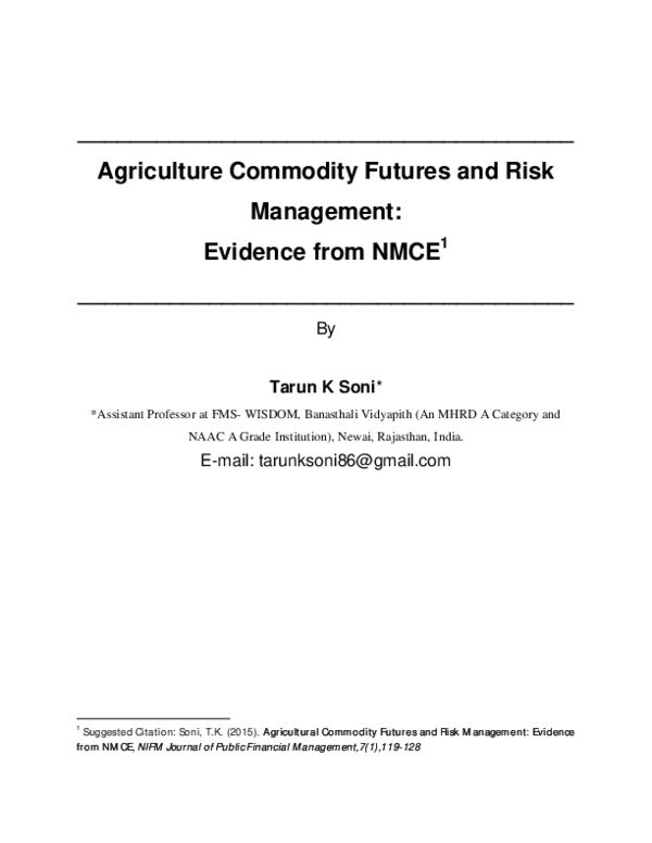 (PDF) Agricultural Commodity Futures and Risk Management: Evidence from ...