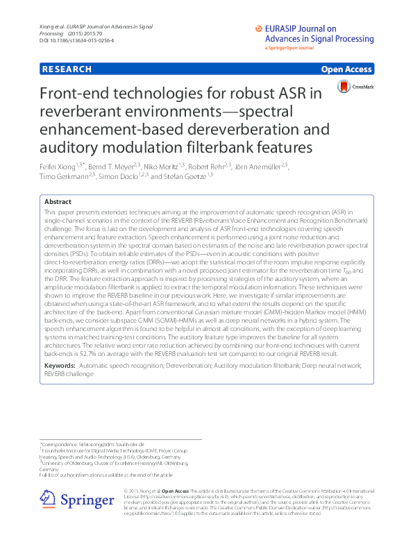 Pdf Front End Technologies For Robust Asr In Reverberant Environments