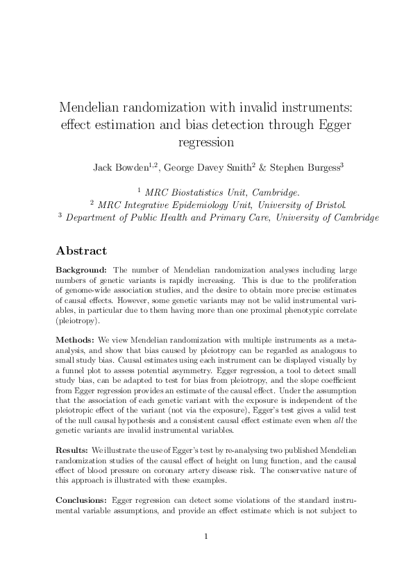Pdf Mendelian Randomization With Invalid Instruments Effect Estimation And Bias Detection