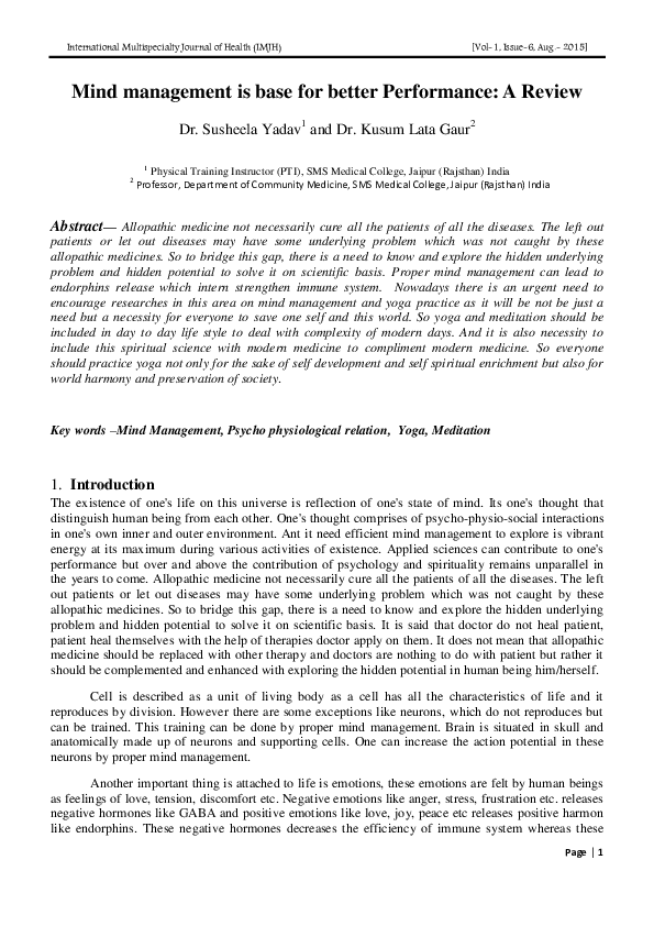 Mind Management Is Base For Better Performance A Review