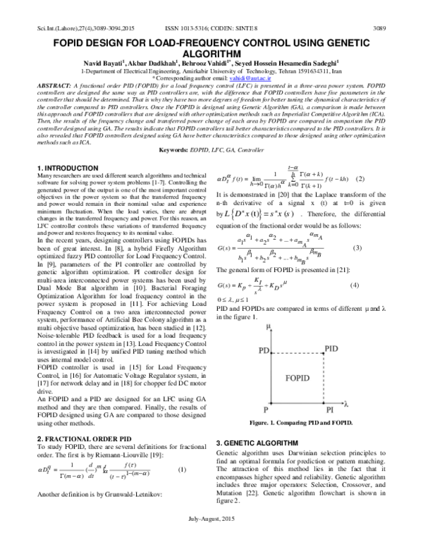 Pdf Fopid Design For Load Frequency Control Using Genetic Algorithm