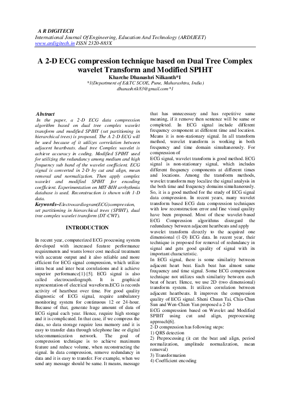Pdf A 2 D Ecg Compression Technique Based On Dual Tree Complex Wavelet Transform And Modified