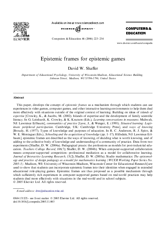 (PDF) Epistemic frames for epistemic games