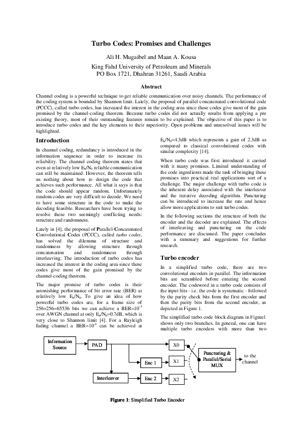 (PDF) Turbo Codes: Promises and Challenges