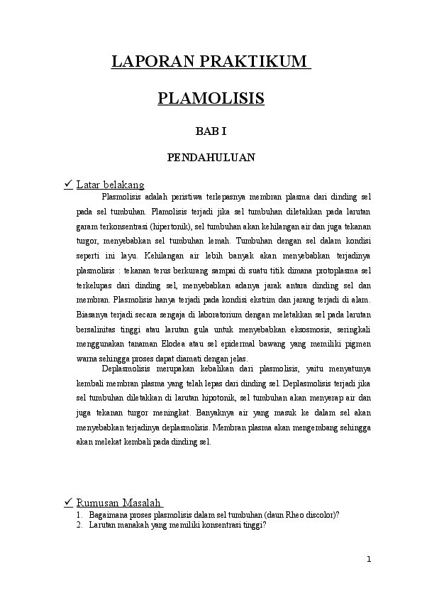(DOC) Laporan Resmi Biologi Pengamatan Plamolisis