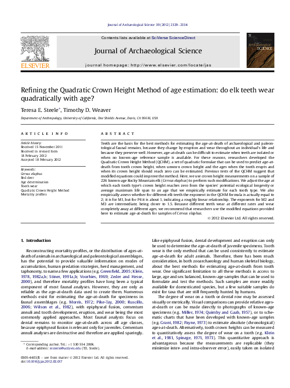 Pdf Refining The Quadratic Crown Height Method Of Age Estimation Do Elk Teeth Wear