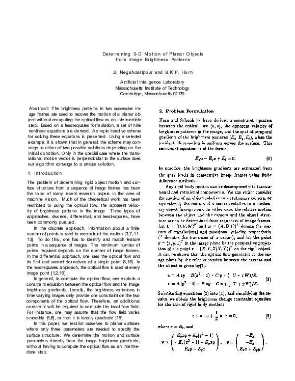 Pdf Determining 3 D Motion Of Planar Objects From Image Brightness Patterns Shahriar