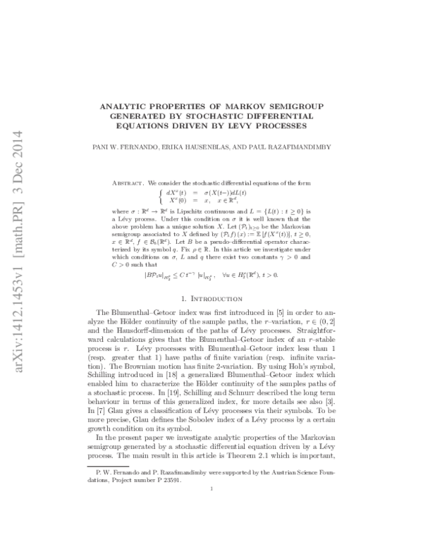 (PDF) Analytic properties of Markov semigroup generated by Stochastic Differential Equations ...
