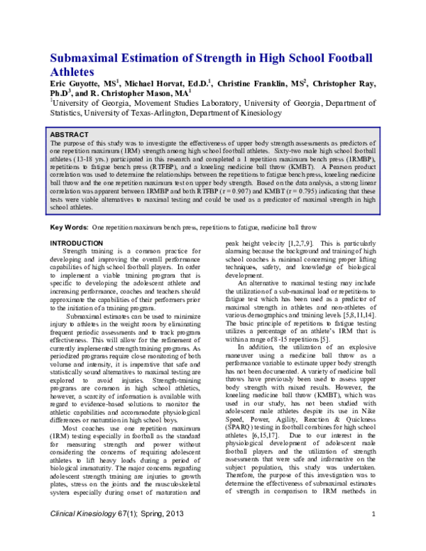 (PDF) Submaximal Estimation of Strength in High School Football Athletes