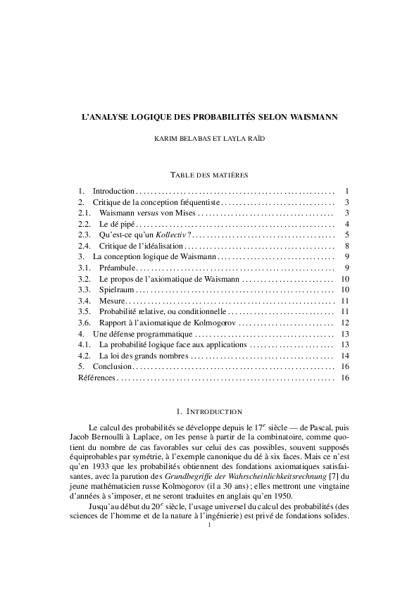 (PDF) L'ANALYSE LOGIQUE DES PROBABILITÉS SELON WAISMANN | Karim Belabas - Academia.edu