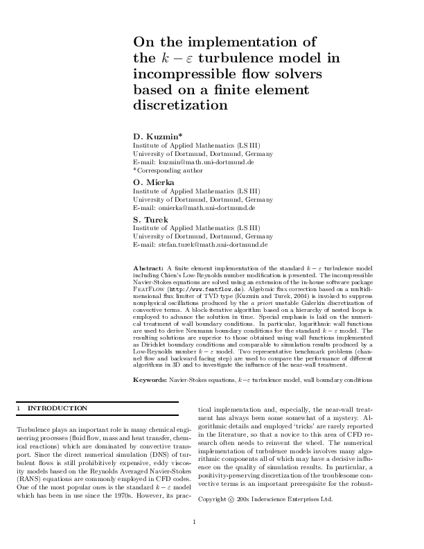 Pdf On The Implementation Of The K − ε Turbulence Model In Incompressible Flow Solvers Based
