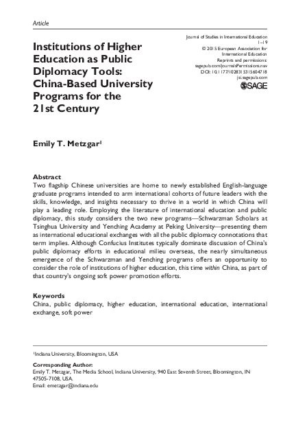 (PDF) Institutions of Higher Education as Public Diplomacy Tools: China ...
