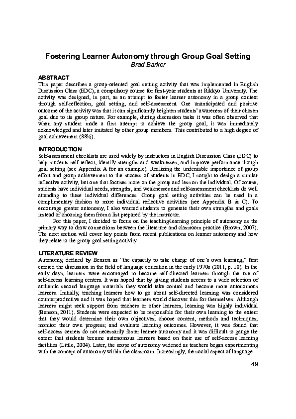 (PDF) Fostering Learner Autonomy through Group Goal Setting