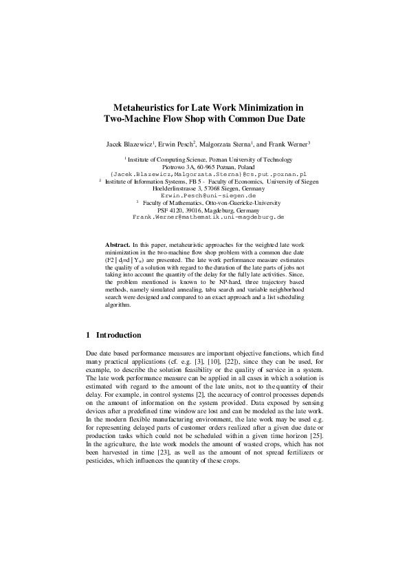(PDF) Metaheuristics for Late Work Minimization in Two-Machine Flow Shop with Common Due Date