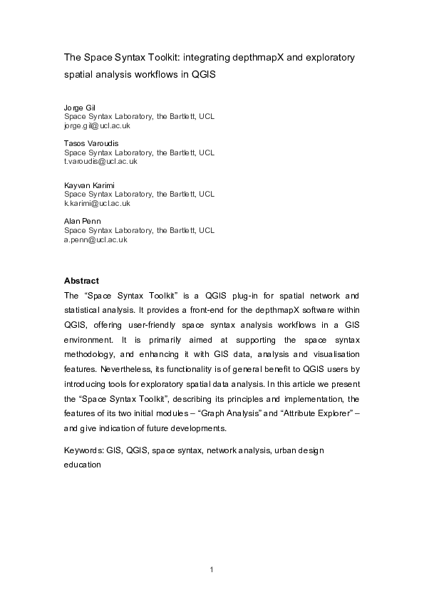 Pdf The Space Syntax Toolkit Integrating Depthmapx And Exploratory Spatial Analysis Workflows 