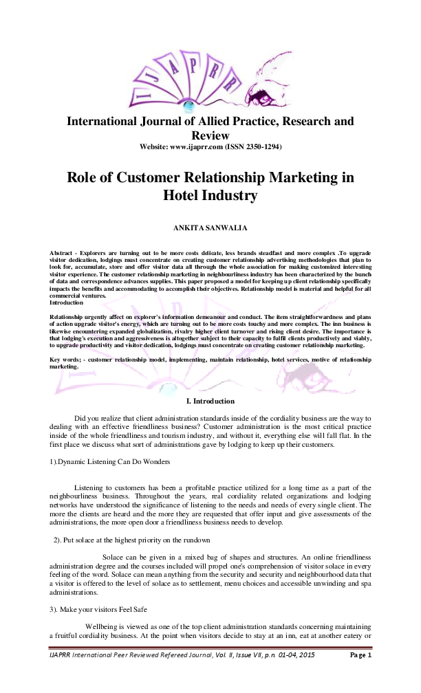 (PDF) Role of Customer Relationship Marketing in Hotel Industry