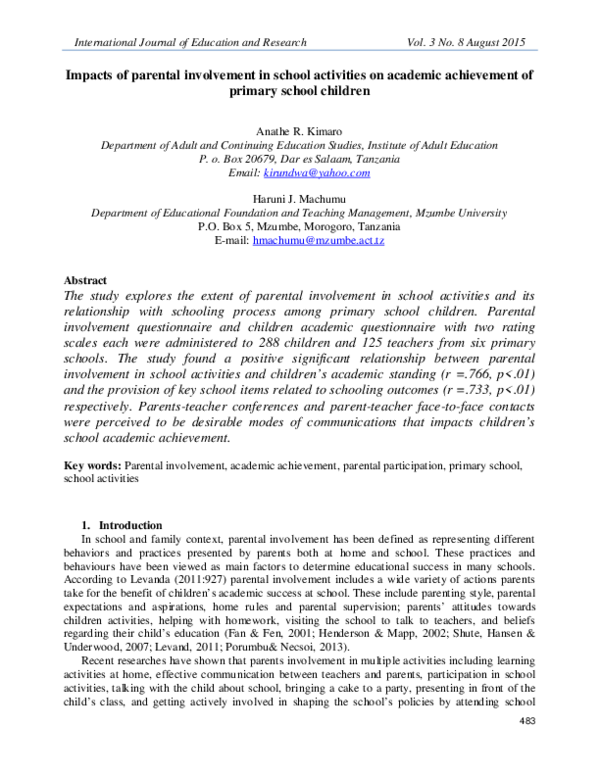 (PDF) Impacts of parental involvement in school activities on academic achievement of primary ...