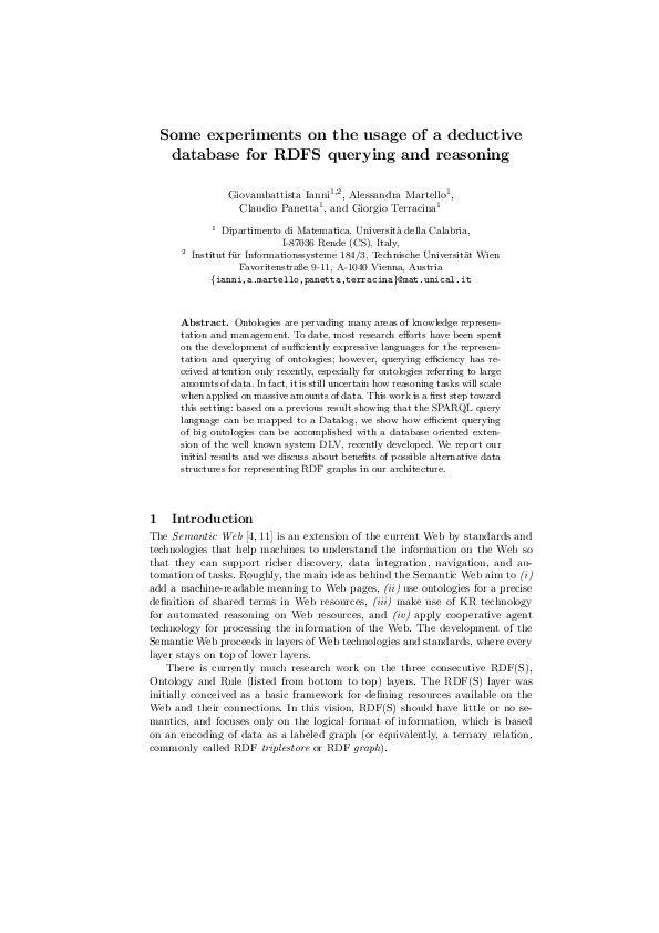Pdf Some Experiments On The Usage Of A Deductive Database For Rdfs Querying And Reasoning