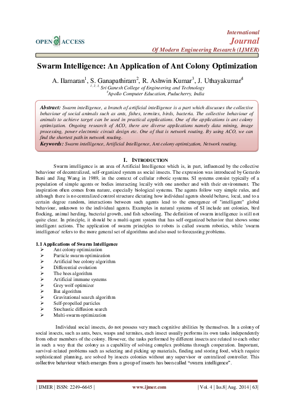 Pdf Swarm Intelligence An Application Of Ant Colony Optimization