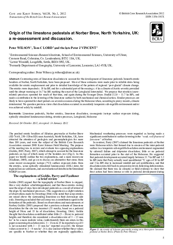 (PDF) Origin of the limestone pedestals at Norber Brow, North Yorkshire ...