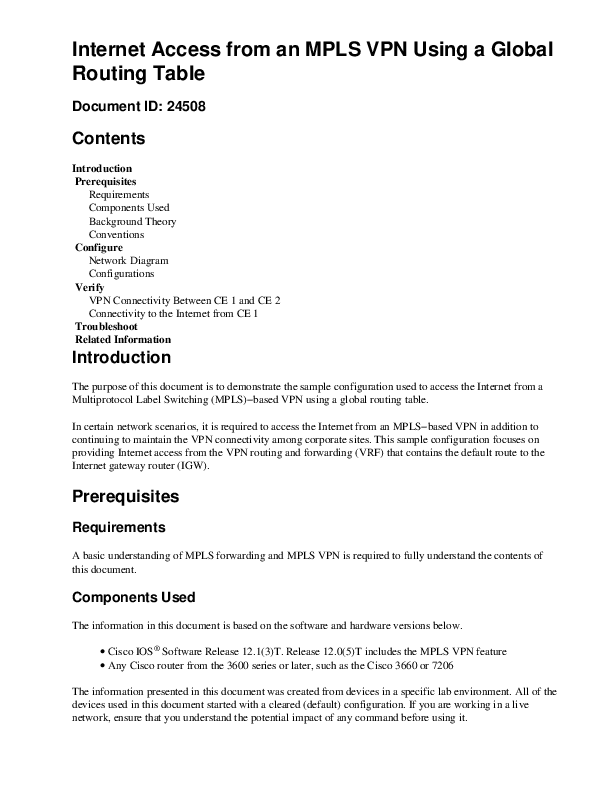 (PDF) Internet Access from an MPLS VPN Using a Global Routing Table