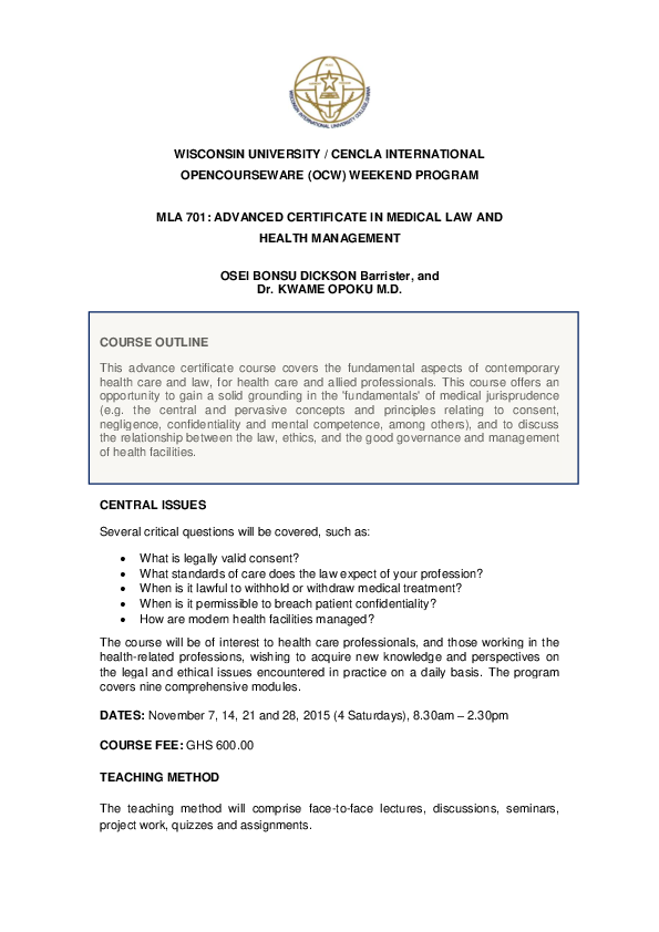 (PDF) MEDICAL LAW & HEALTH MGT - COURSE OUTLINE