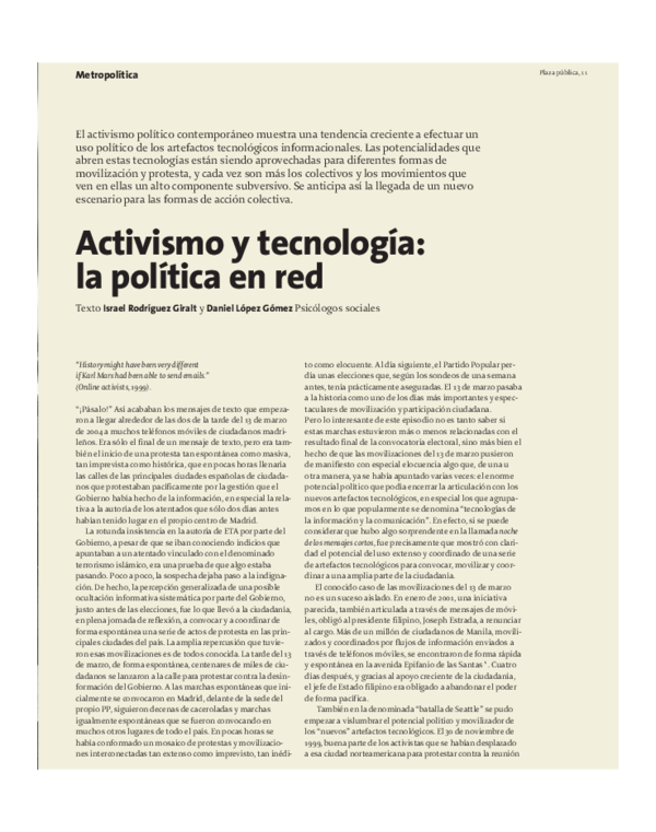 (PDF) Activismo y tecnología: la política en red