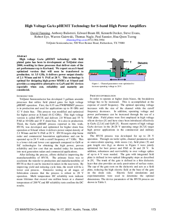 (PDF) High Voltage GaAs pHEMT Technology for S-band High Power Amplifiers