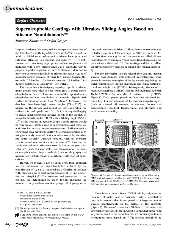 (PDF) Superoleophobic Coatings with Ultralow Sliding Angles Based on ...
