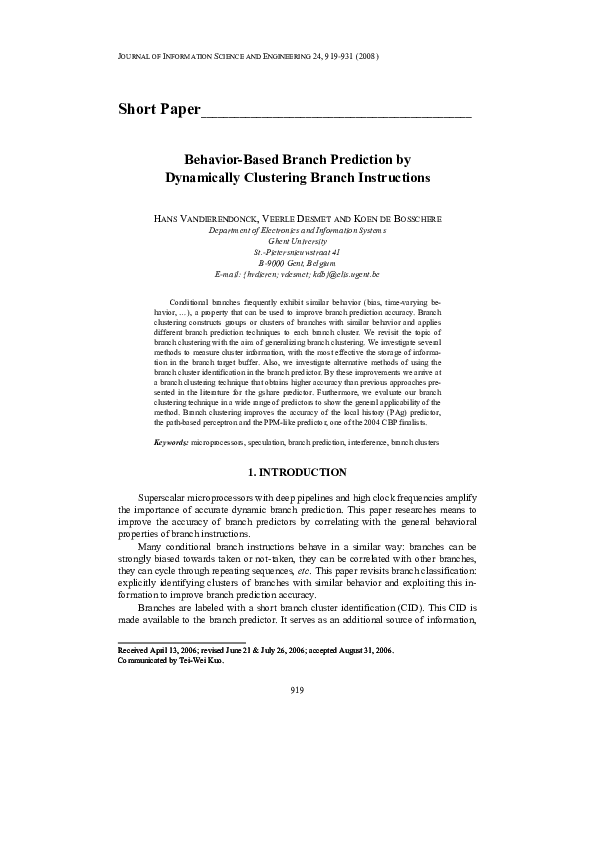 Pdf Behavior Based Branch Prediction By Dynamically Clustering Branch Instructions