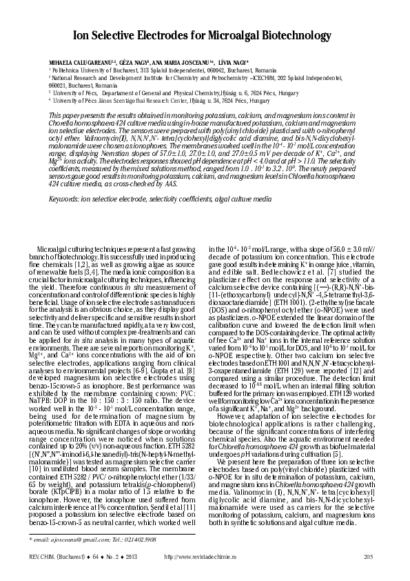 (PDF) Ion Selective Electrodes for Microalgal Biotechnology