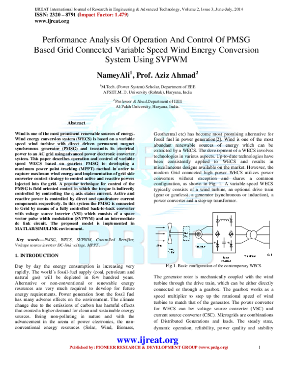 Pdf Performance Analysis Of Operation And Control Of Pmsg Based Grid Connected Variable Speed