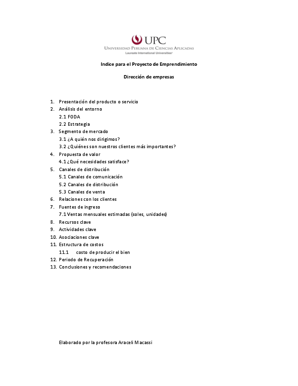 (PDF) Indice para el Proyecto de Emprendimiento