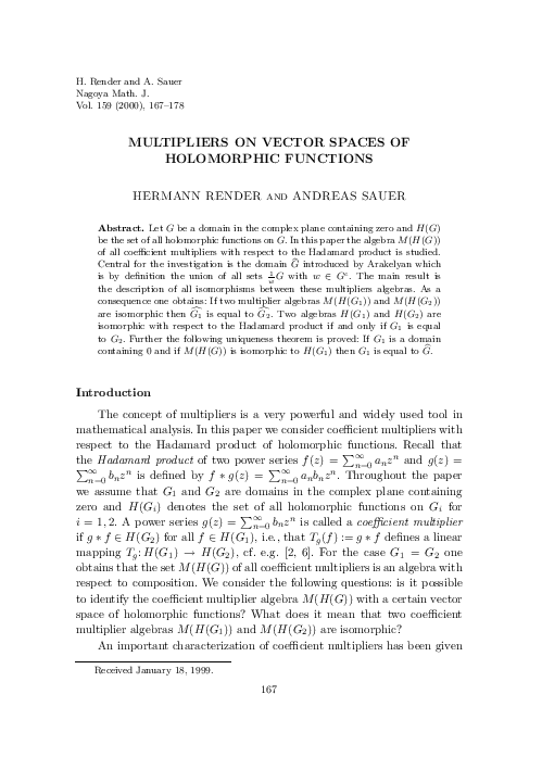 (PDF) Multipliers on vector spaces of holomorphic functions