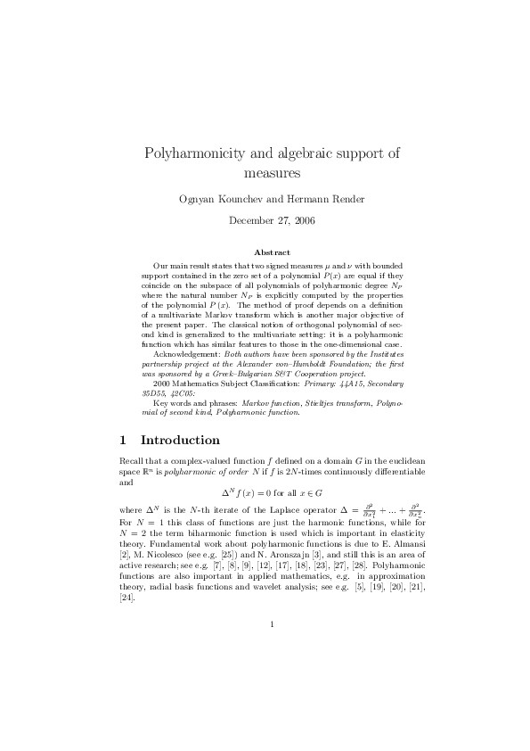 (PDF) Polyharmonicity and algebraic support of measures | Hermann Render - Academia.edu