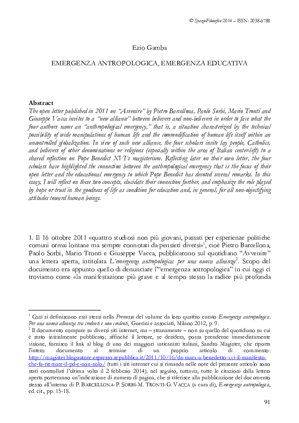 (PDF) Emergenza antropologica, emergenza educativa