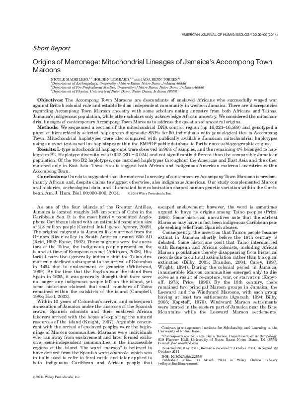 Origins of Marronage: Mitochondrial Lineages of Jamaica's Accompong ...