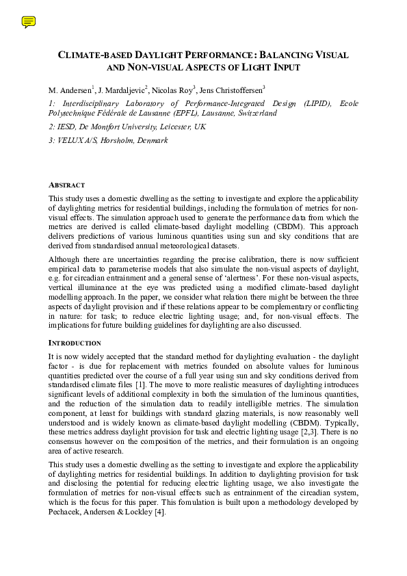 (PDF) CLIMATE-BASED DAYLIGHT PERFORMANCE: BALANCING VISUAL AND NON-VISUAL ASPECTS OF LIGHT INPUT ...
