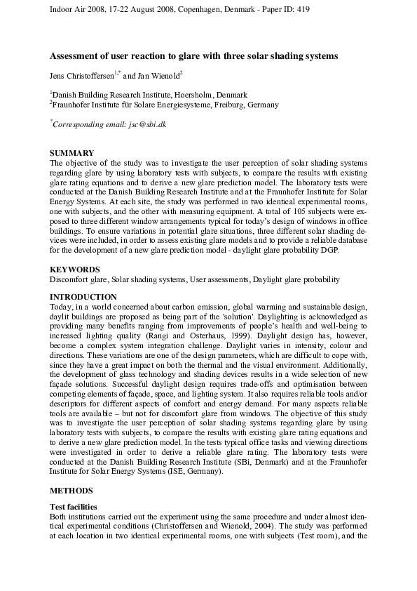 (PDF) Assessment of user reaction to glare with three solar shading systems
