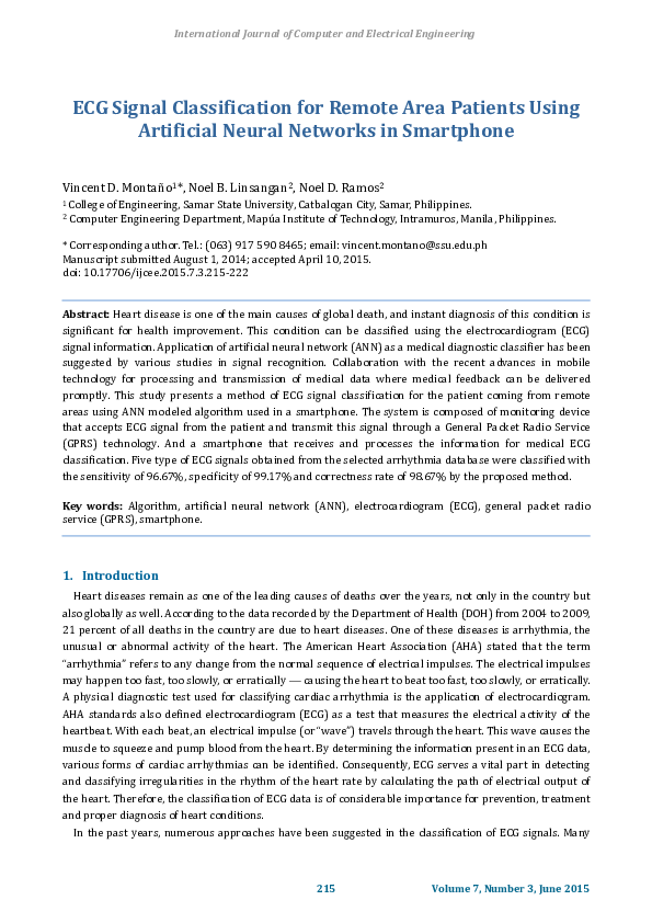 Pdf Ecg Signal Classification For Remote Area Patients Using Artificial Neural Networks In